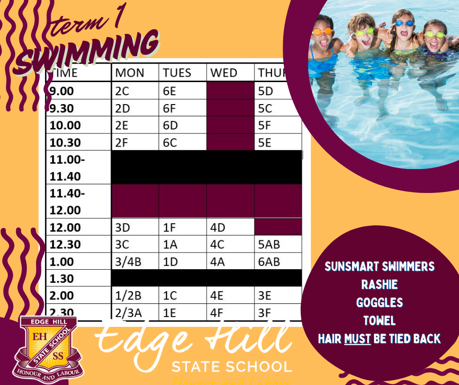 Term 1 Swimming timetable